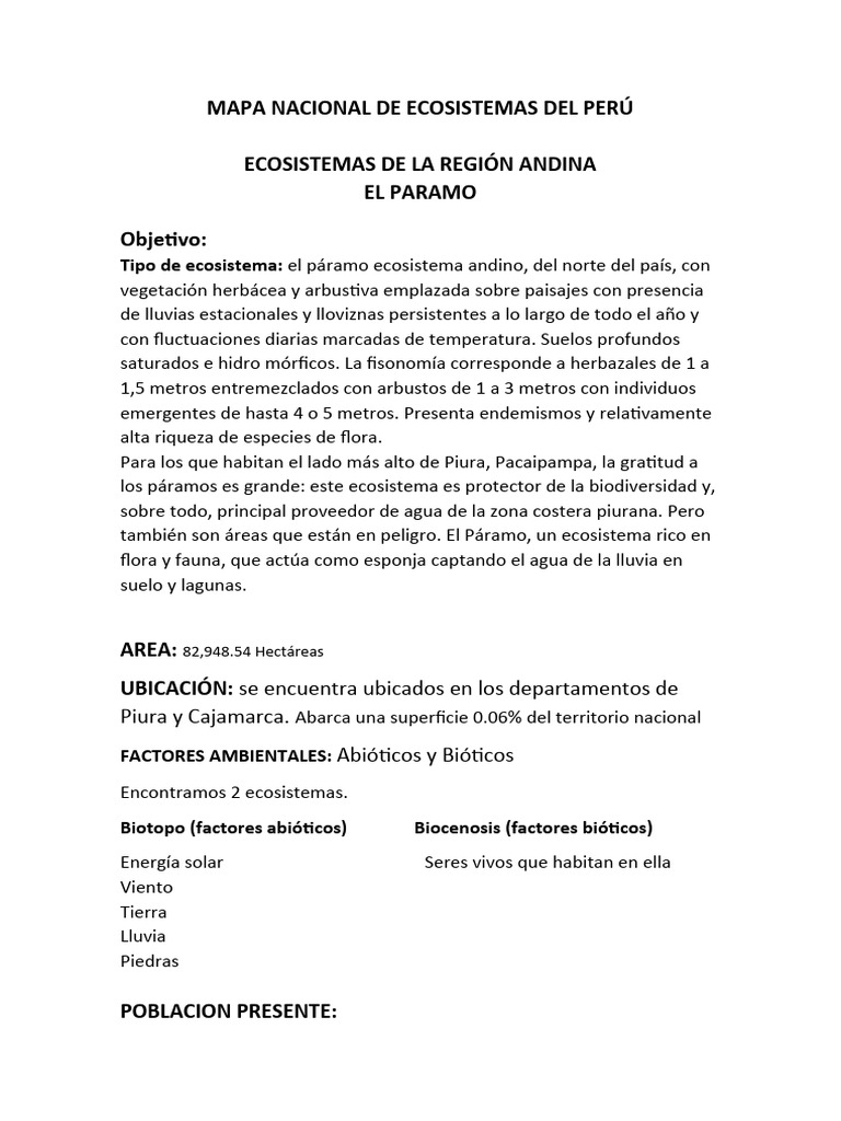 Mapa Nacional de Ecosistemas del Perú: Páramo | PDF | Ecosistema ...