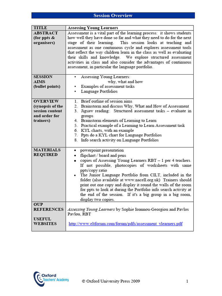 Assessing YLs Overview and Trainer Materials | PDF | Learning | Human ...