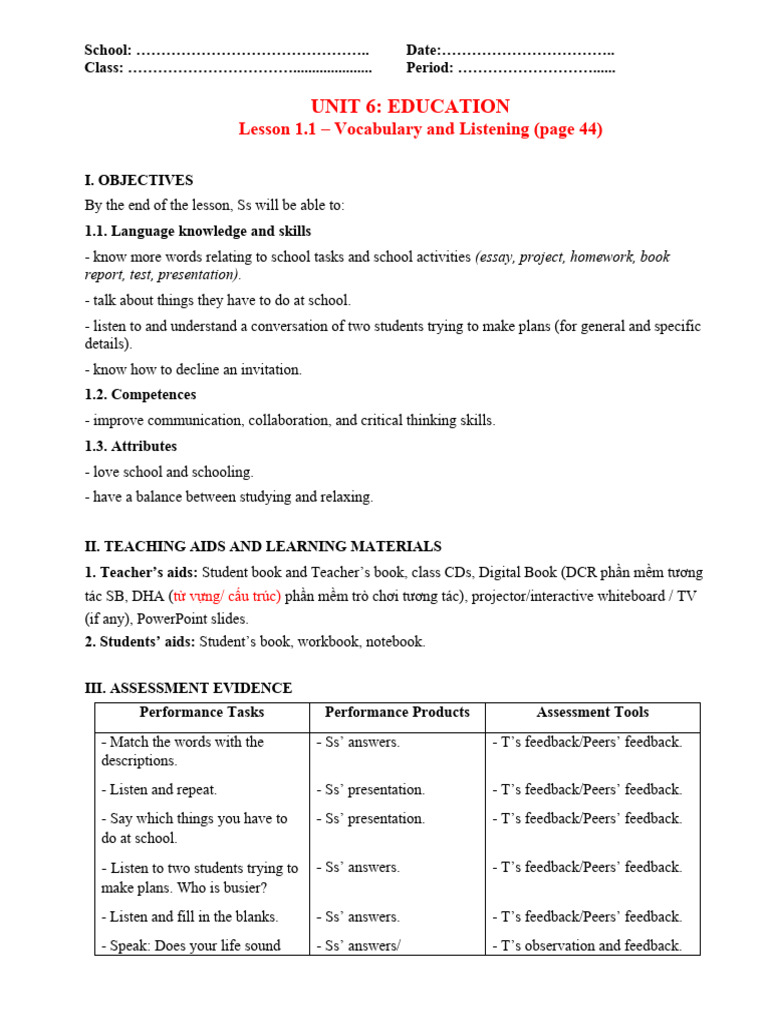 UNIT 6 - LESSON 1 - PART 1 - Vocabulary and Listening | PDF ...