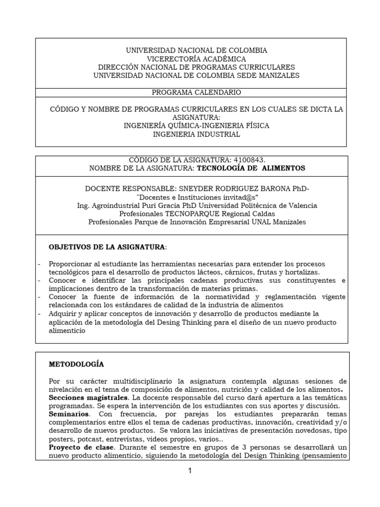 Programa Asignatura I-2024 Resumido | PDF | Alimentos | Carne