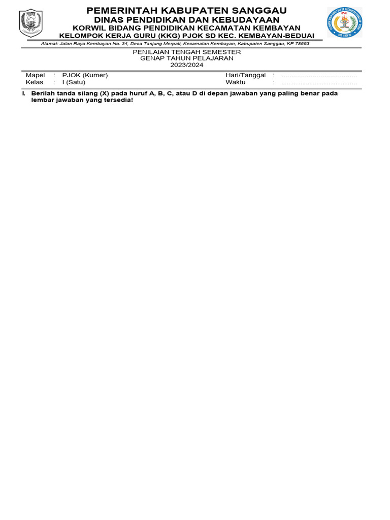 PTS SMT 2 - TA. 2023-2024 - MAPEL PJOK Kelas 1 Kumer | PDF