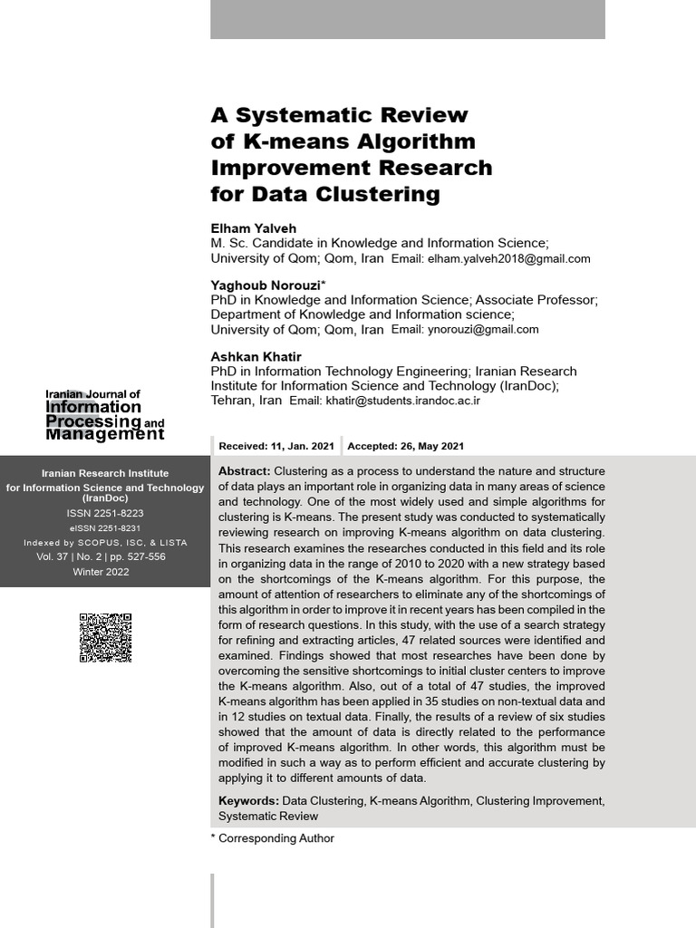 A Systematic Review of K-Means Algorithm Improvement Research For Data Clustering | PDF ...