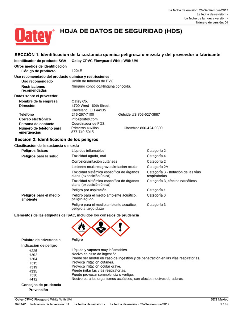 Hoja de Seguridad Oatey CPVC Flowguard | PDF | Residuos | Toxicidad