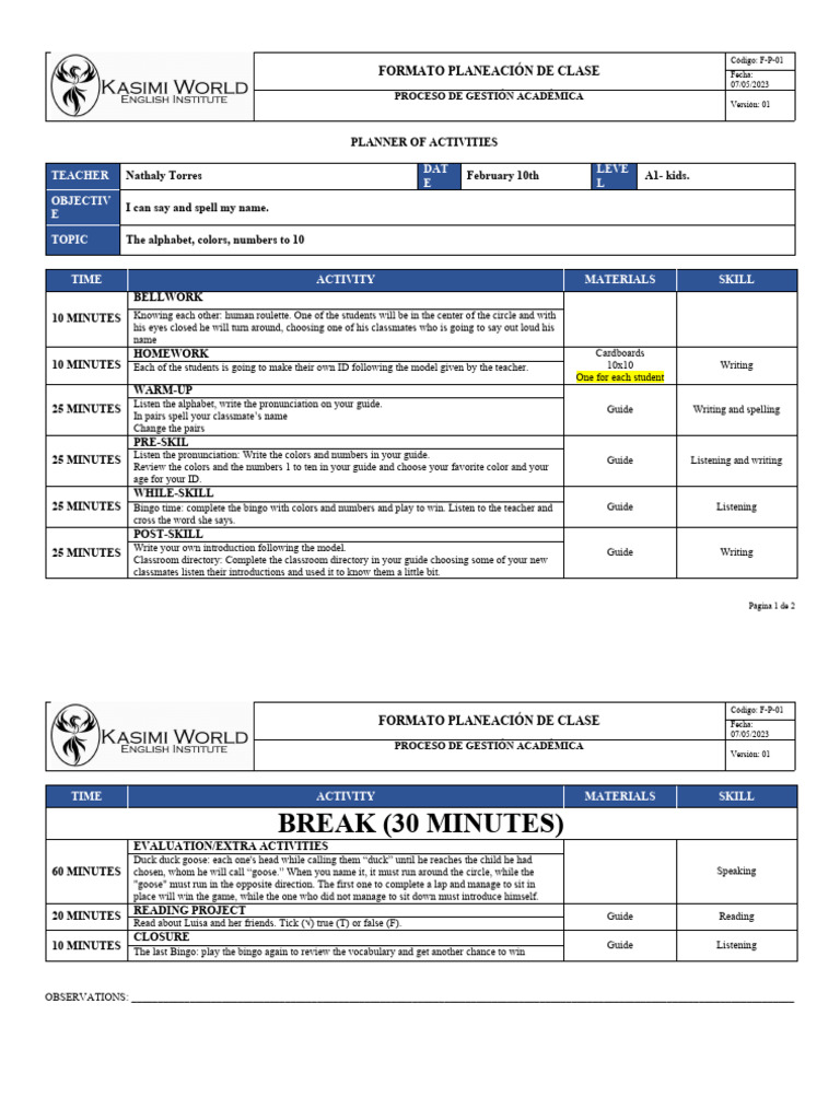 Planeacion Class 1 | PDF | Behavior Modification | Learning
