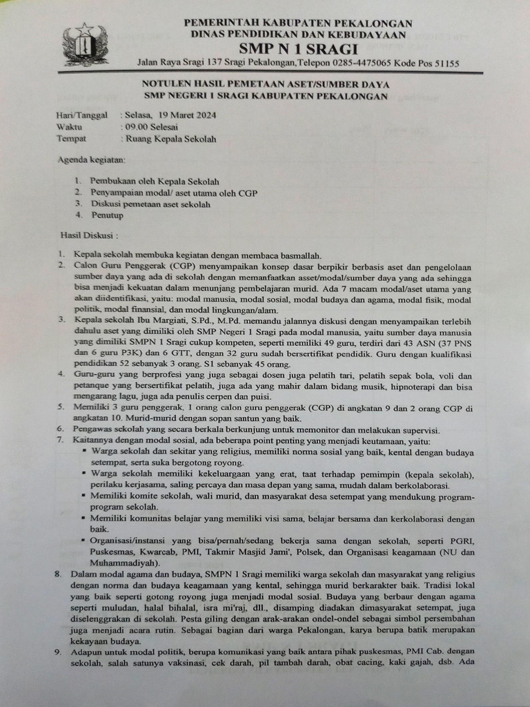 Notulen Hasil Pemetaan Aset SMPN 1 Sragi | PDF