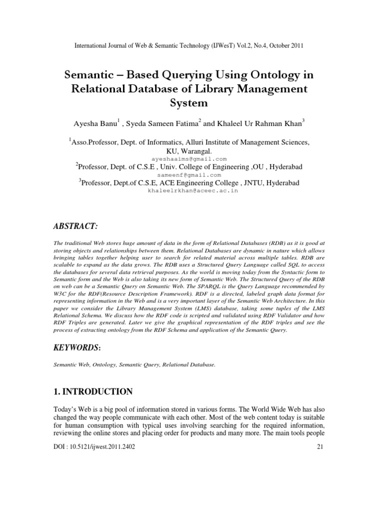 Semantic Based Querying Using Ontology In Relational Database Of Library Management System