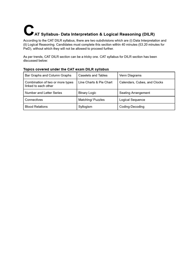 CAT Syllabus 2024 Data Interpretation Logical Reasoning (DILR) | PDF | Multiple Choice | Logic