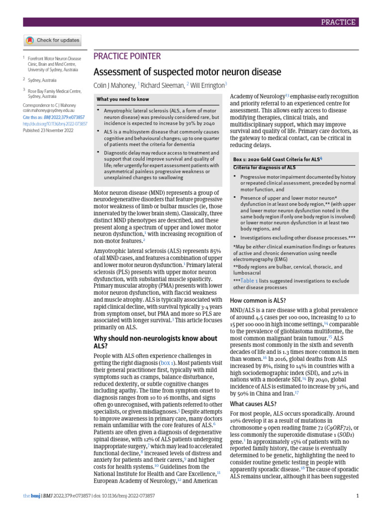 Assessment of Suspected Motor Neuron Disease: Practice Pointer | Download Free PDF | Clinical ...