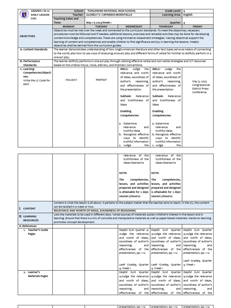 Grade 9 English Quarter 4 Lesson Plan | PDF | Learning | Teachers
