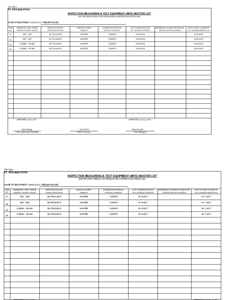 IMTE MASTER LIST Feeler Gauge | PDF | Calibration | Probability And ...