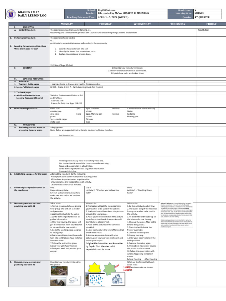 DLL - Science 5 - Q4 - W1 | PDF | Differentiated Instruction | Learning