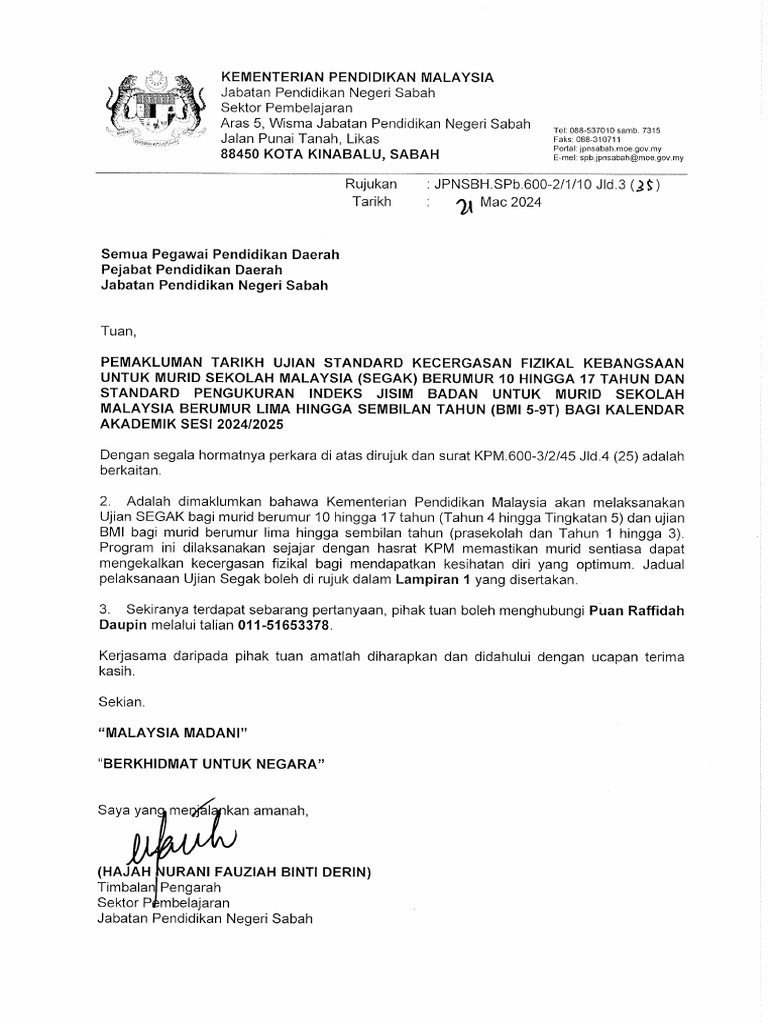 Surat Makluman Pelaksanaan Ujian Segak Bmi5-9t Tahun 2024 | PDF