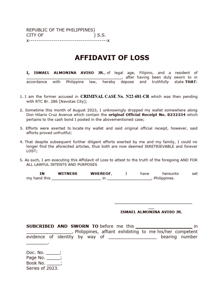 Affidavit of Loss (Official Receipt) | PDF | Affidavit | Legal Procedure