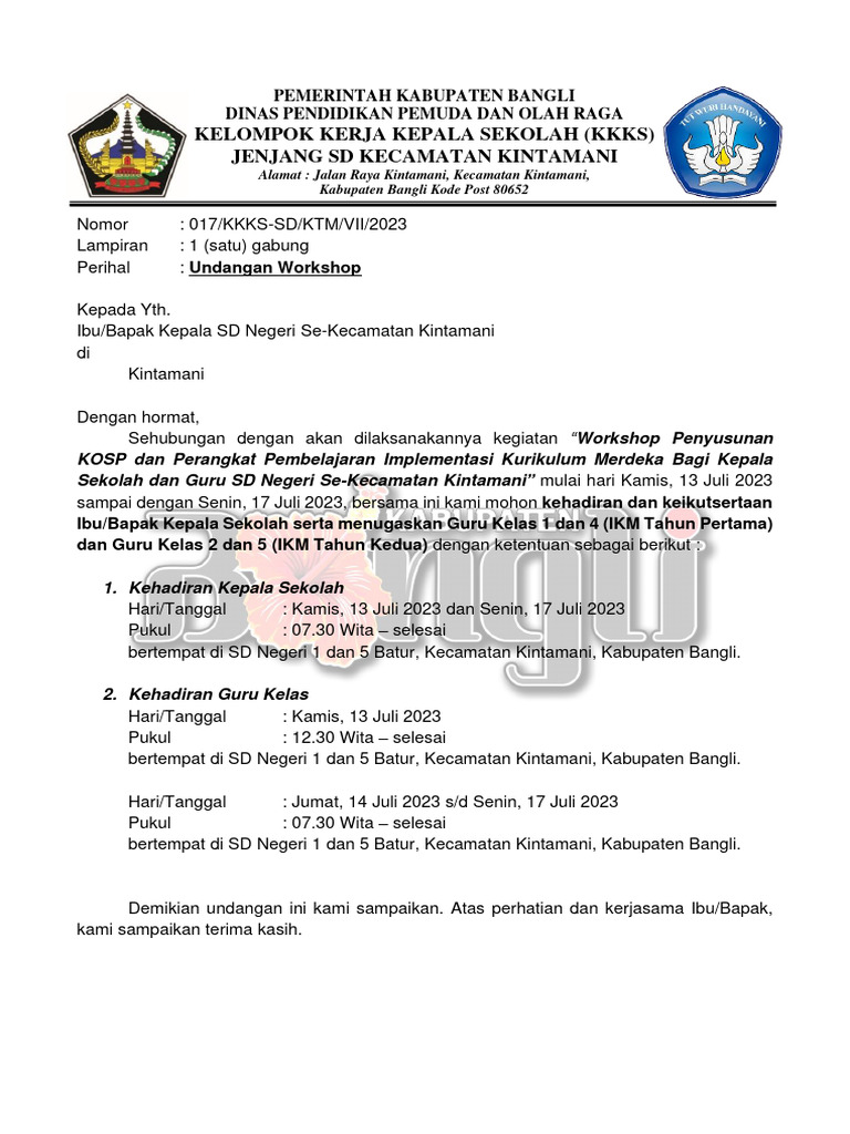 Surat Undangan Workshop IKM - Kepsek - Guru Kelas | PDF