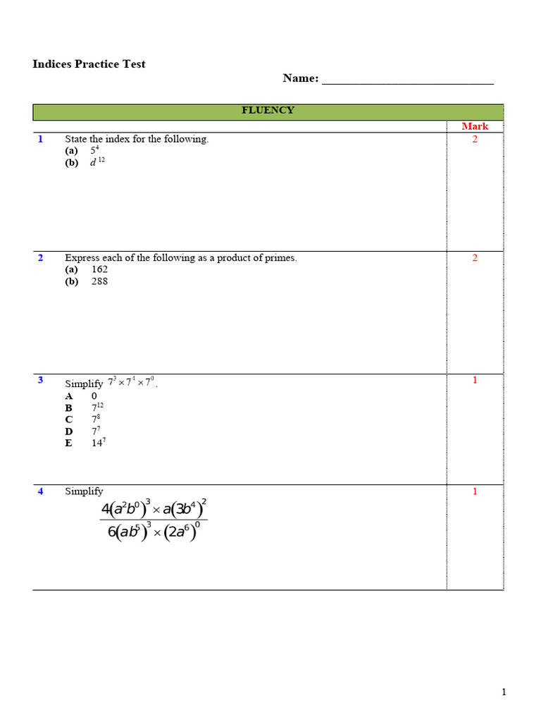Yr 9 Advanced Indices Practice Test | PDF | Mathematics