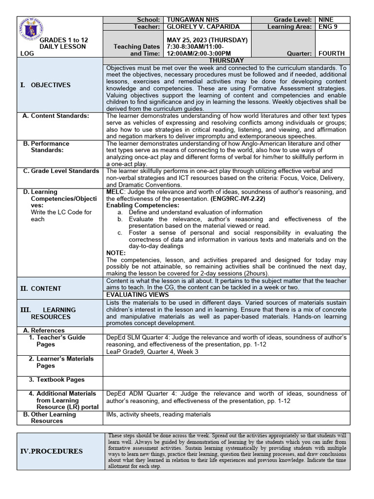 New DLL W4.D Eng9 Melcs Based 1 | PDF | Learning | Evaluation