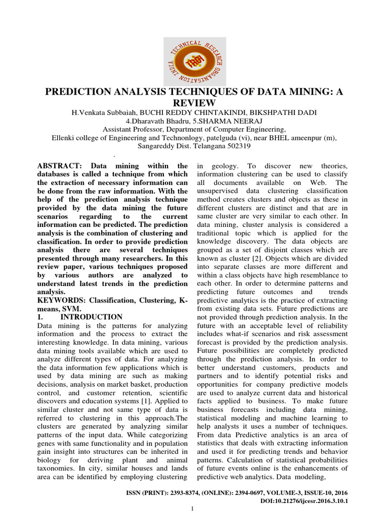 Prediction Analysis Techniques Of Data Mining A Review PDF Support