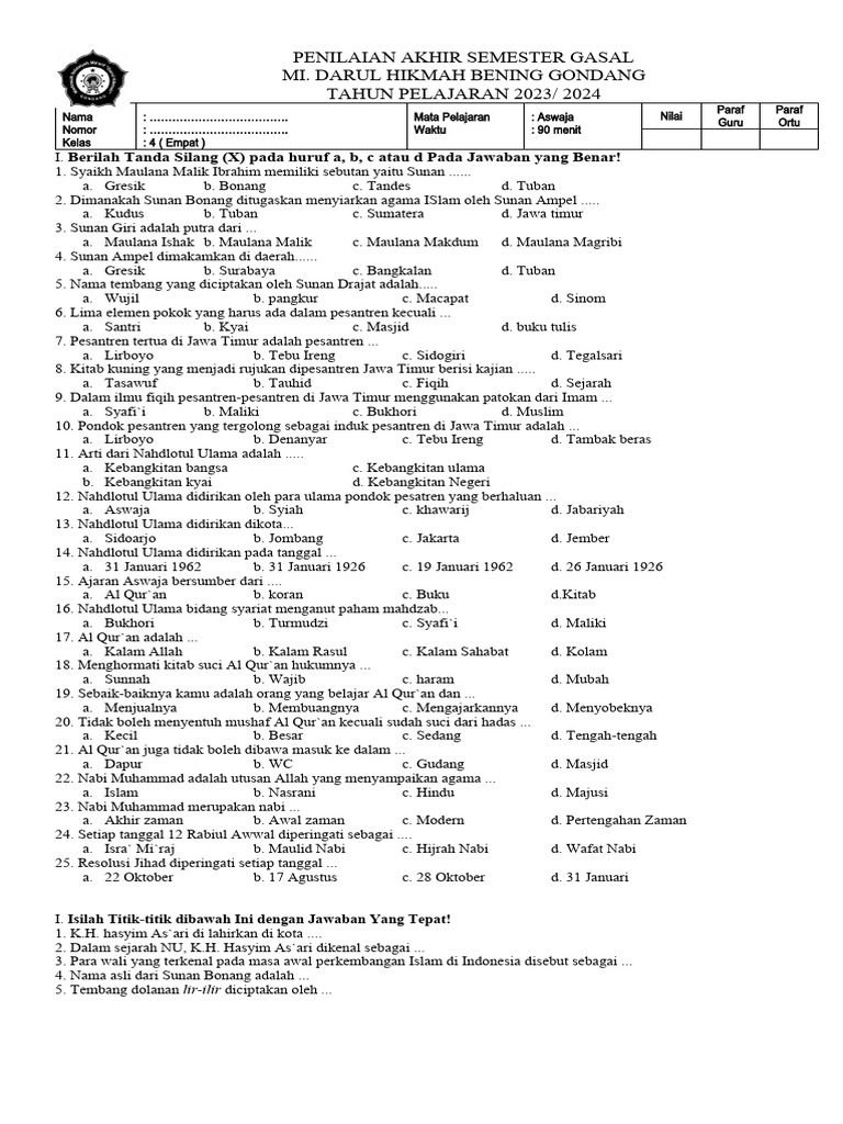 Soal Aswaja KLS 4 SMT 1 2023 | PDF