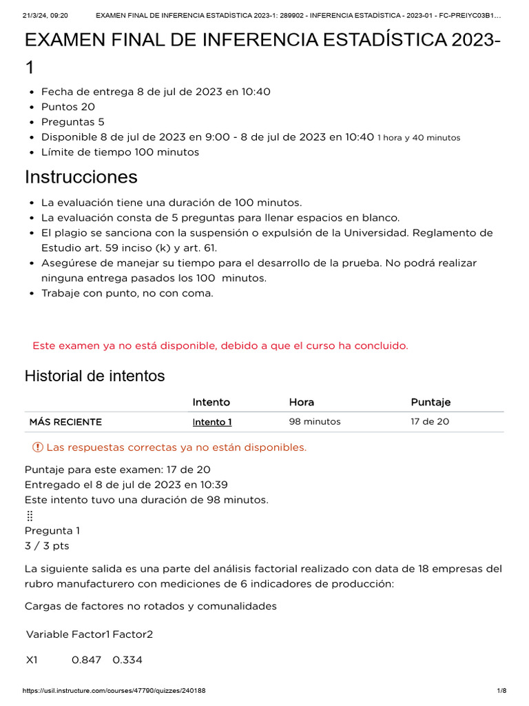 Examen Final de Inferencia Estadística 2023-1 - 289902 - Inferencia Estadística - 2023-01 - Fc ...