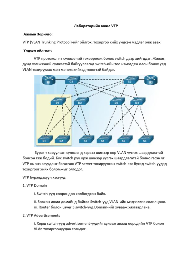 Лабораторийн ажил VTP Ажлын Зорилго VTP (VLAN Trunking Proto | PDF