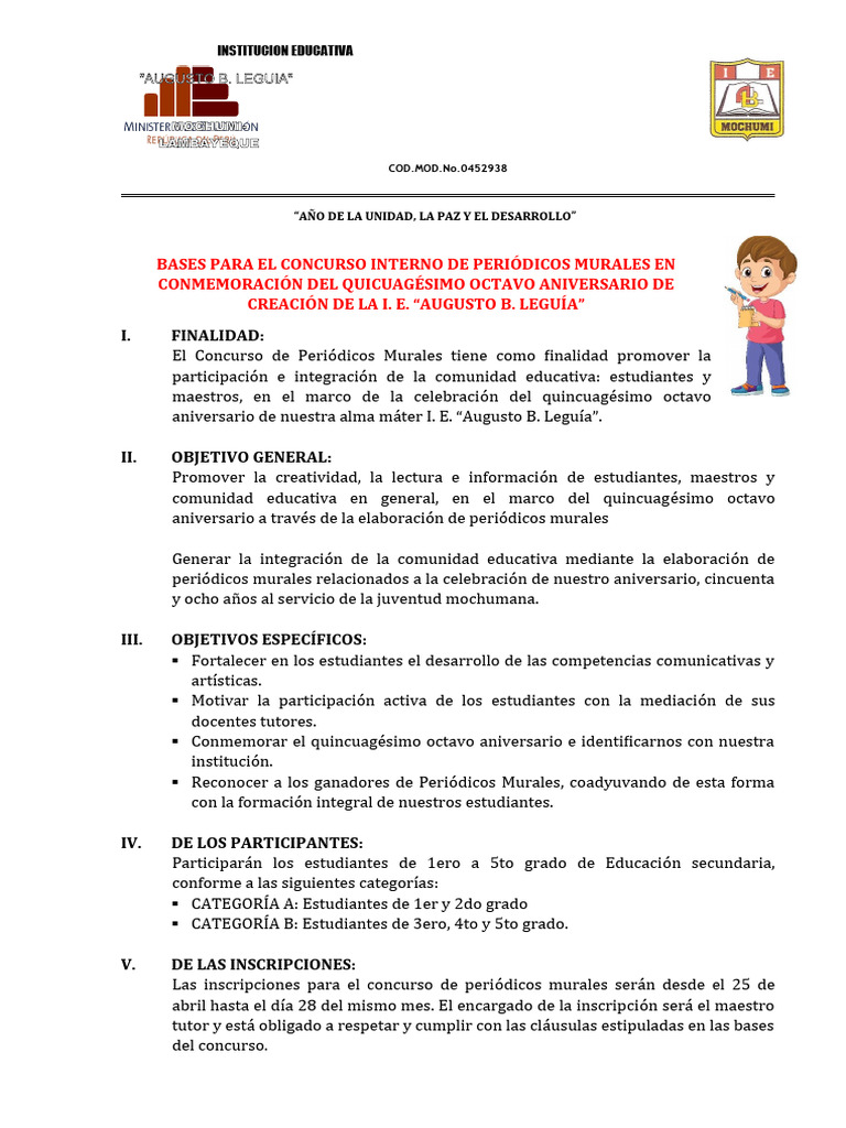 Bases para El Concurso de Periódicos Murales en Conmemoración de Los 58 Años de Creación de La I ...