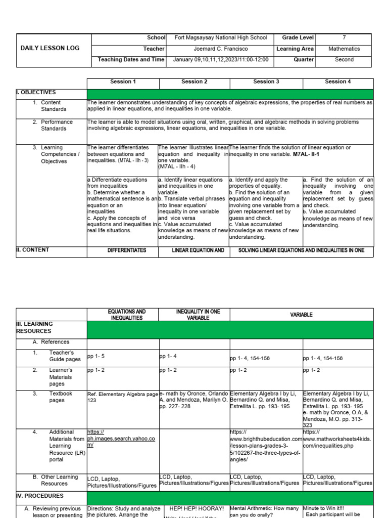 Grade 7 DLL 2nd Quarter WEEK 8 | PDF | Equations | Elementary Mathematics