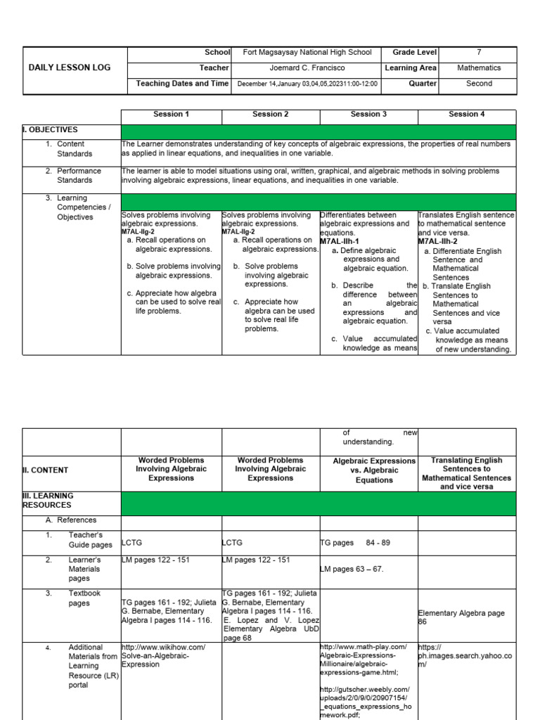 Grade 7 DLL 2nd Quarter WEEK 7 | PDF | Algebra | Equations
