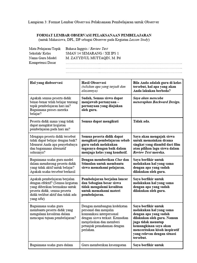 Lampiran 3 - Format Lembar Observasi Pelaksanaan Pembelajaran Untuk Observer | PDF