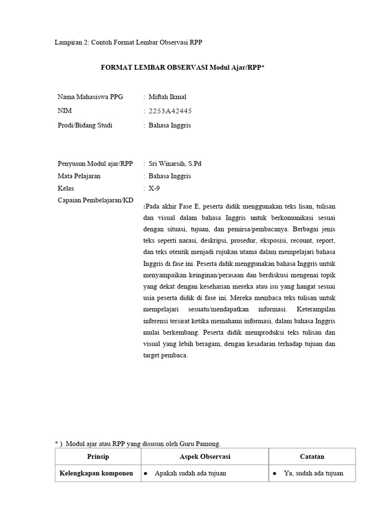 Lampiran 2 - Contoh Format Lembar Observasi RPP | PDF Lampiran 2 - Contoh Format Lembar Observasi RPP | PDF