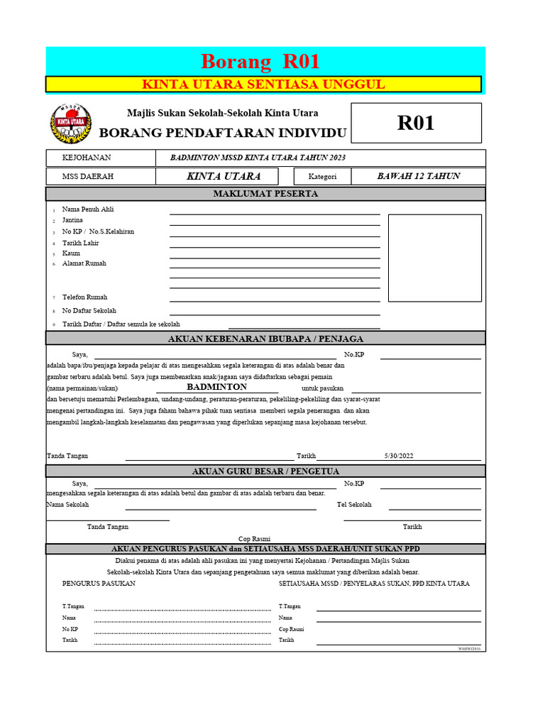Borang R01&R02&M01&M02 MSSD 2023 | PDF