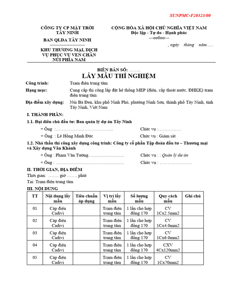 1.SUNEC-F20323 - Bien Ban Lay Mau Thi Nghiem | PDF