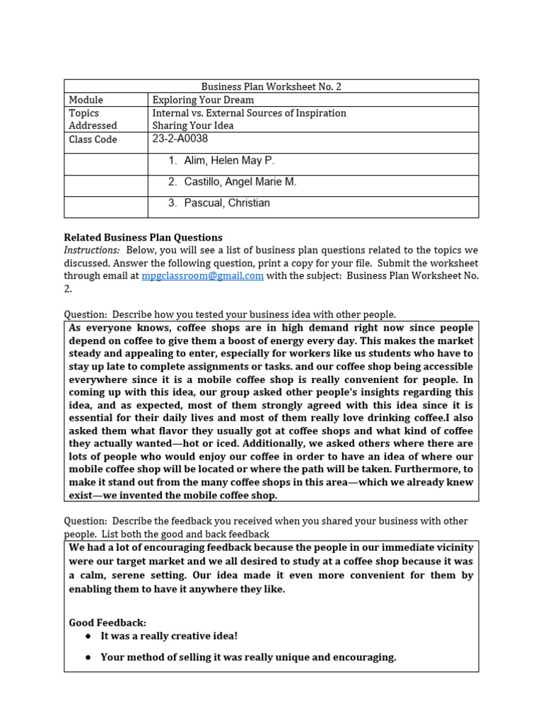 Business Plan Worksheet No 2. | PDF | Coffee | Coffeehouse