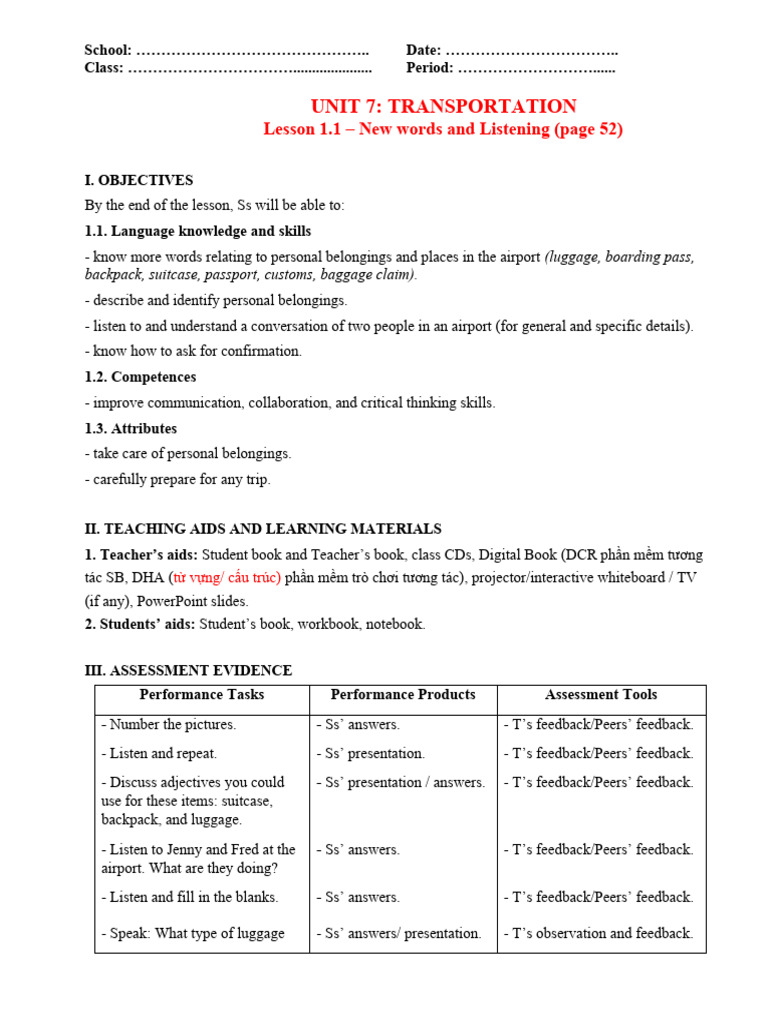 UNIT 7 - LESSON 1 - PART 1 - New Words and Listening | PDF | Baggage ...