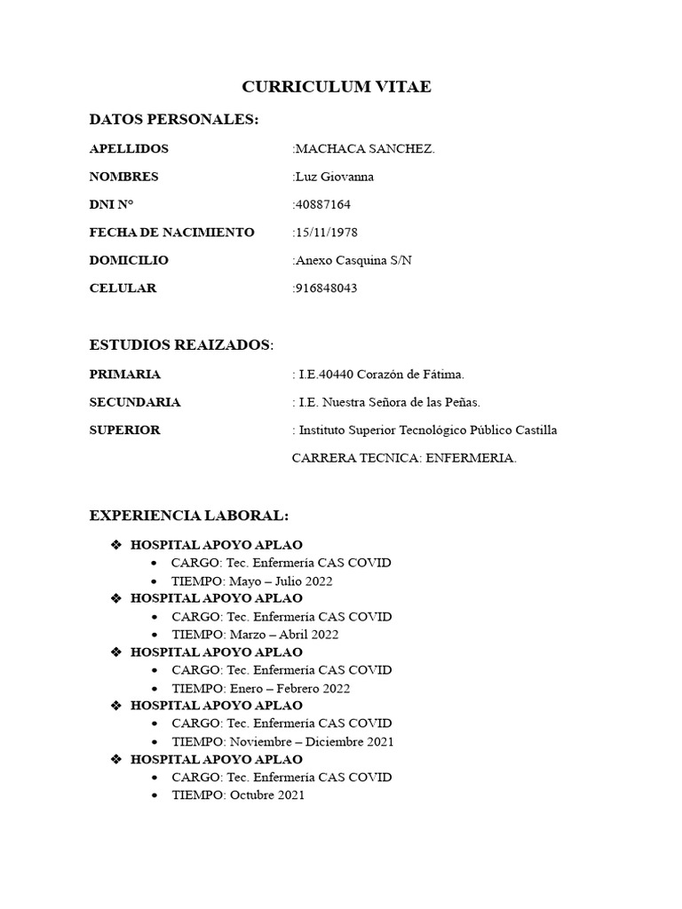 CURRICULUM VITAE Machaca Sanchez | PDF | Medicina | Cuidado de la salud