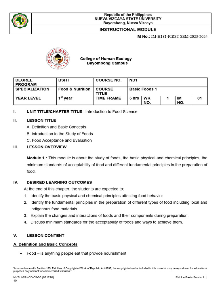 Module 1 Basic-Foods | PDF | Taste | Foods