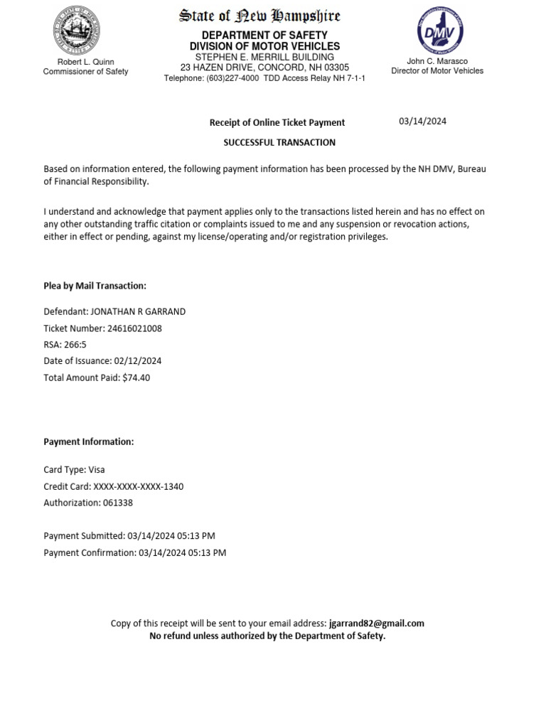 NH DMV Online Ticket Payment Receipt | PDF