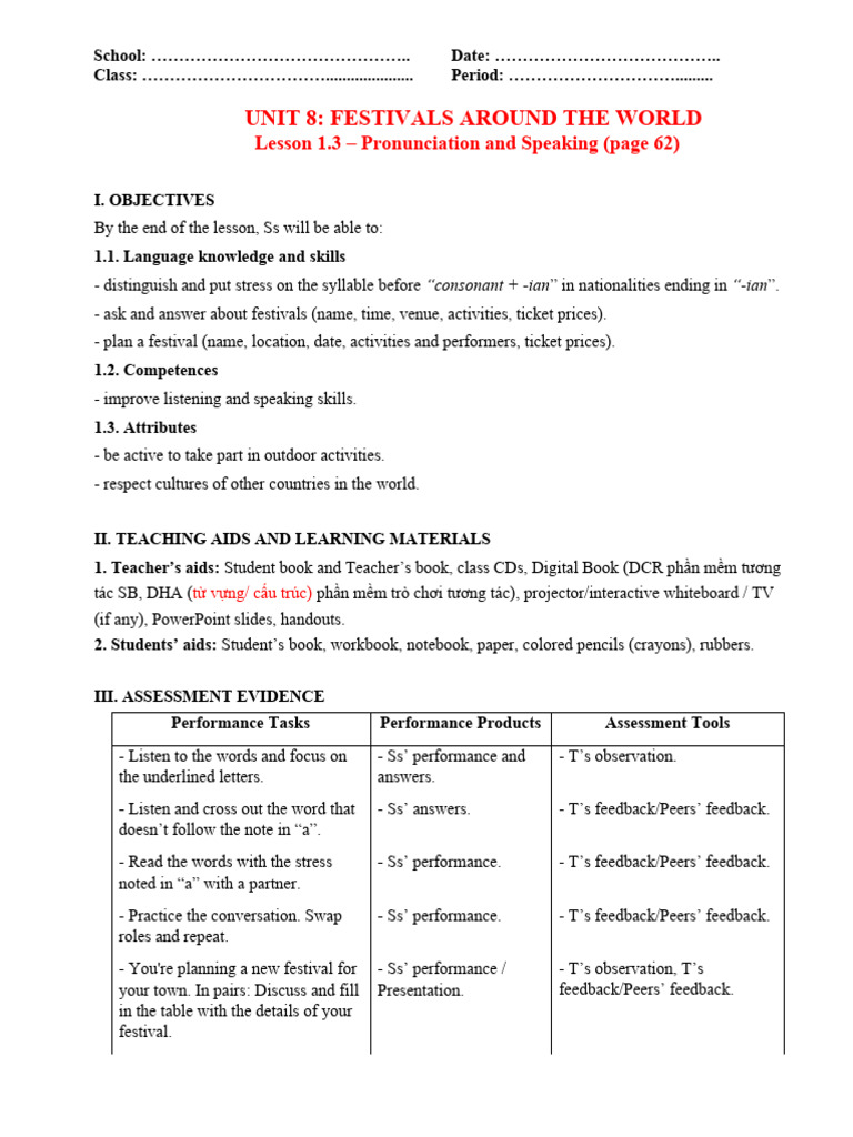 UNIT 8 - LESSON 1 - PART 3 - Pronunciation and Speaking | PDF | Stress ...