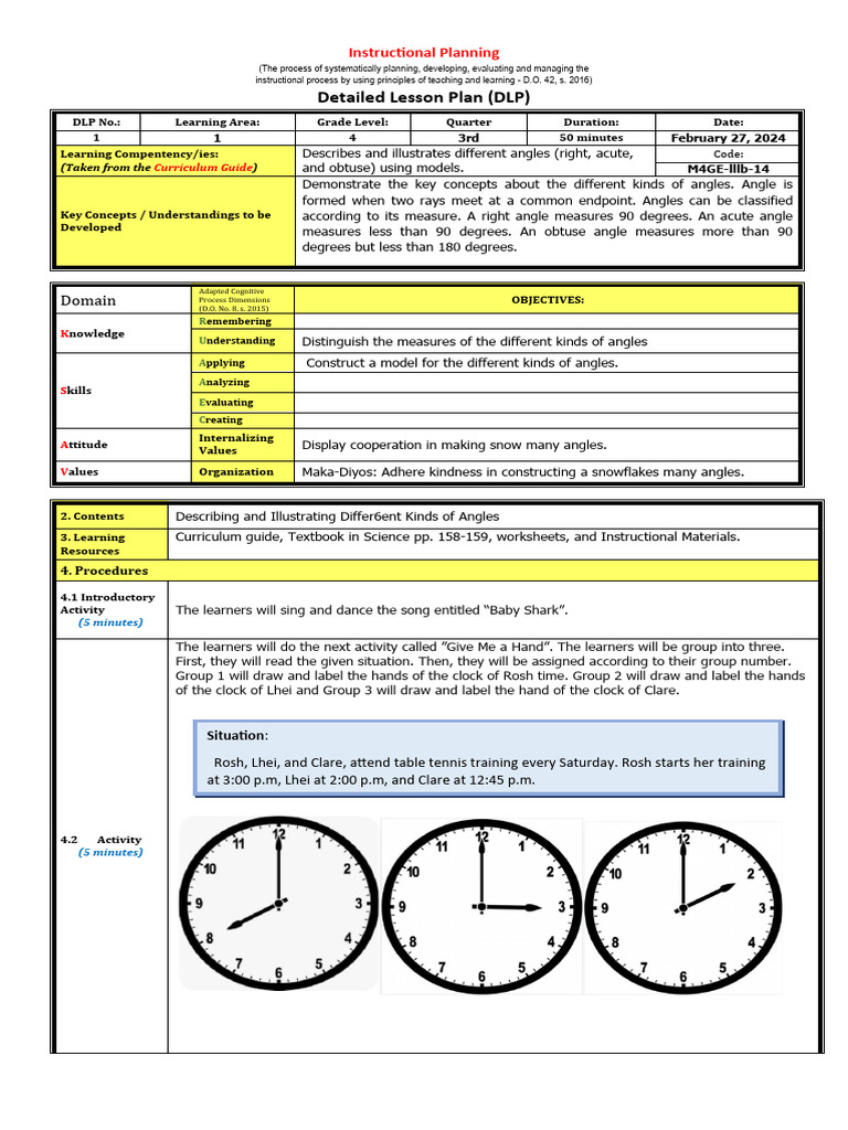 DLP Kinds of Angles Grade 4 | PDF | Angle | Learning