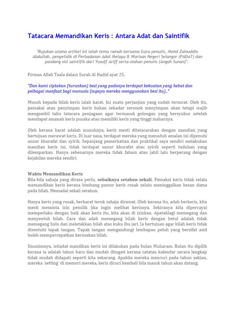 Cara Memandikan dan Merawat Keris | PDF