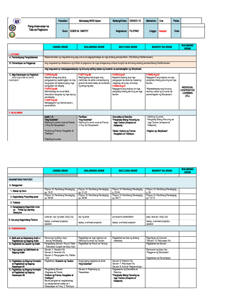 4 DLL IN FILIPINO 10. Aralin 1.4 | PDF
