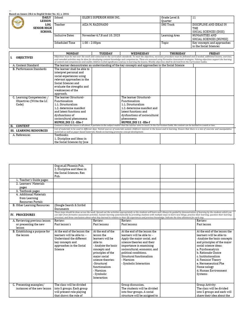 DLL - DAISS Humss 11 Week 1 2nd Quarter | PDF | Learning | Curriculum