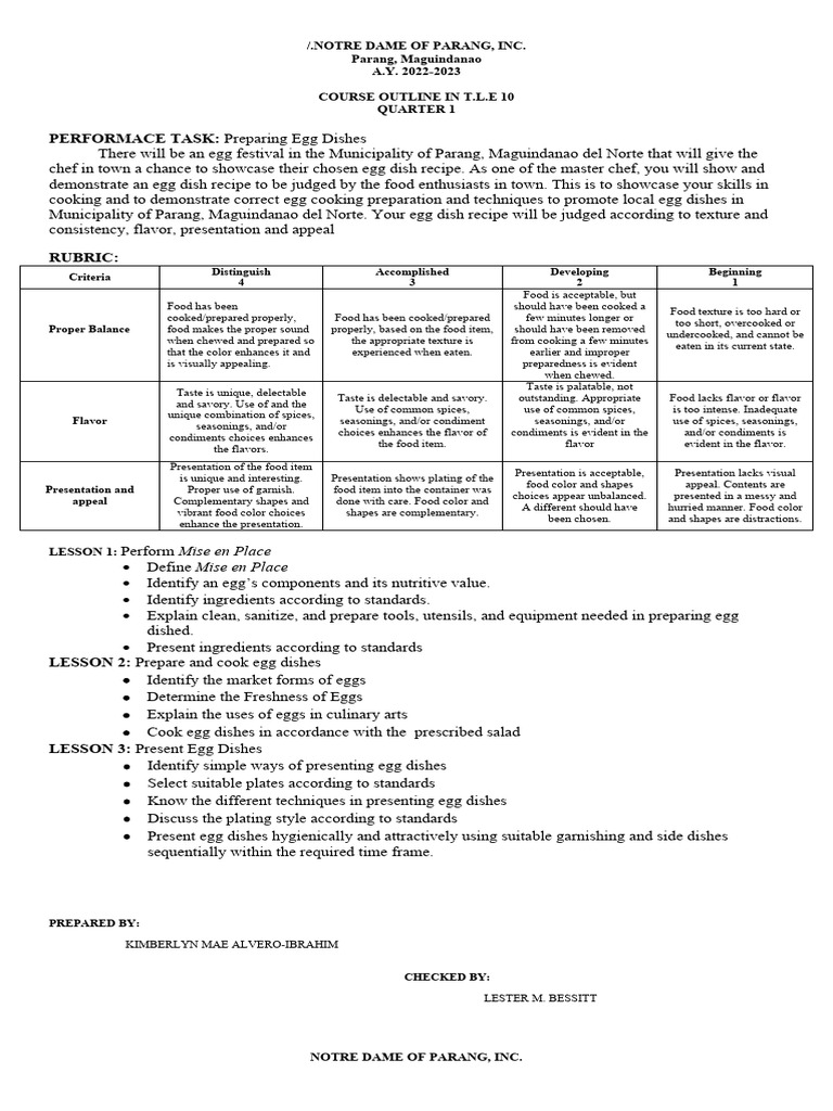 Course Outline in TLE 10 | PDF | Vegetables | Umami