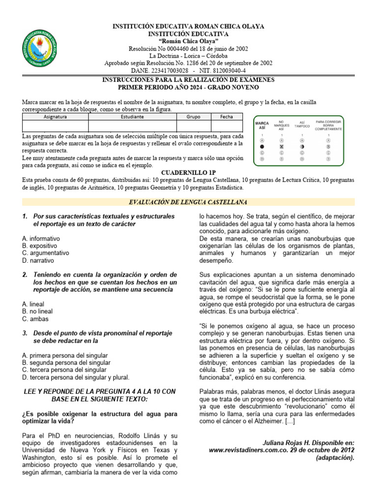 Cuadernillo 1P Lengua - Ing-Mate-9° | PDF | Parcialidad | Agua