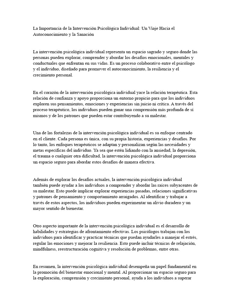 La Importancia de La Intervención Psicológica Individual | PDF ...