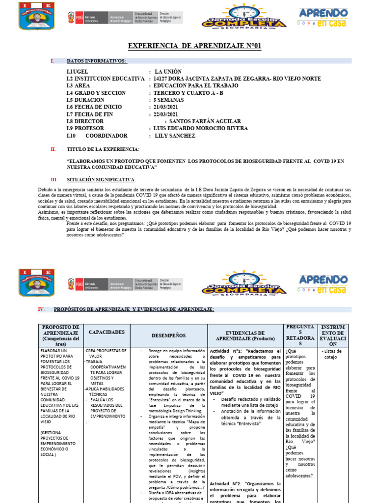 Experiencia de Aprendizaje 1 - Tercero | PDF | Aprendizaje | Iniciativa empresarial