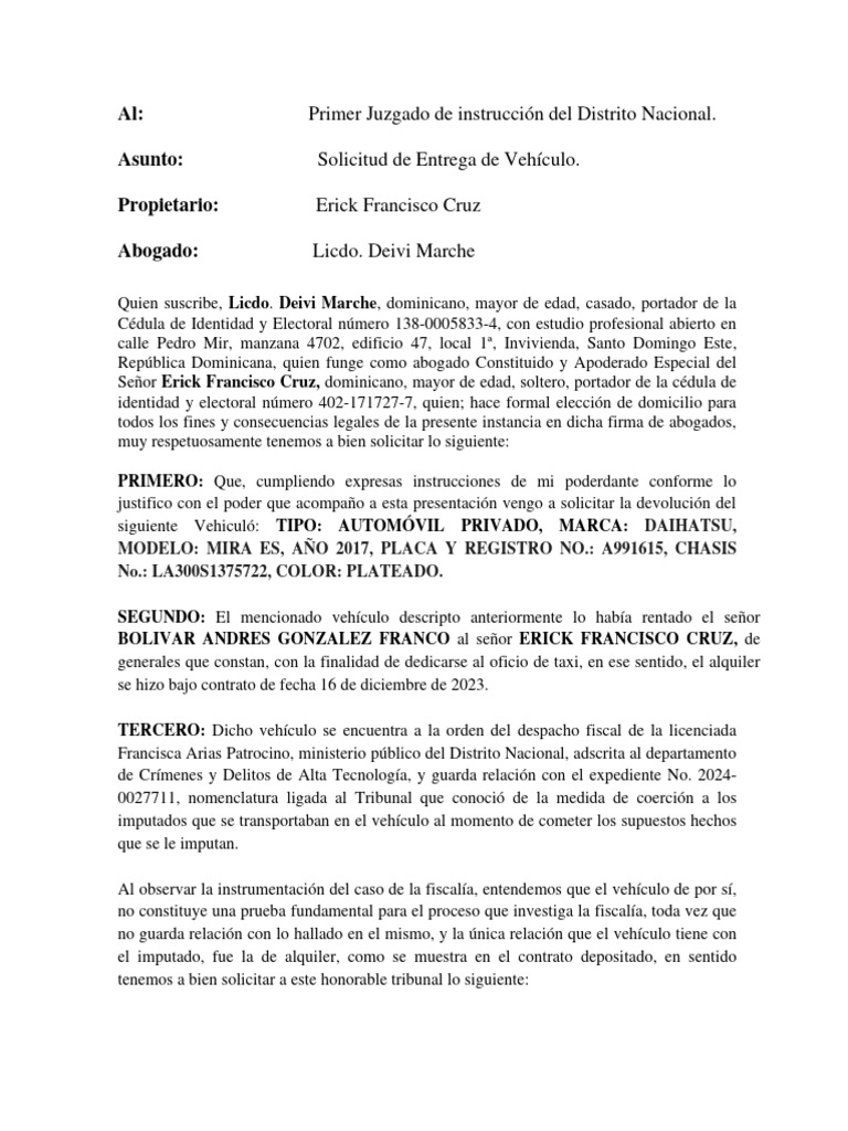 Solicitud de Vehiculo Erick Lis | PDF | República Dominicana | Documento de identidad