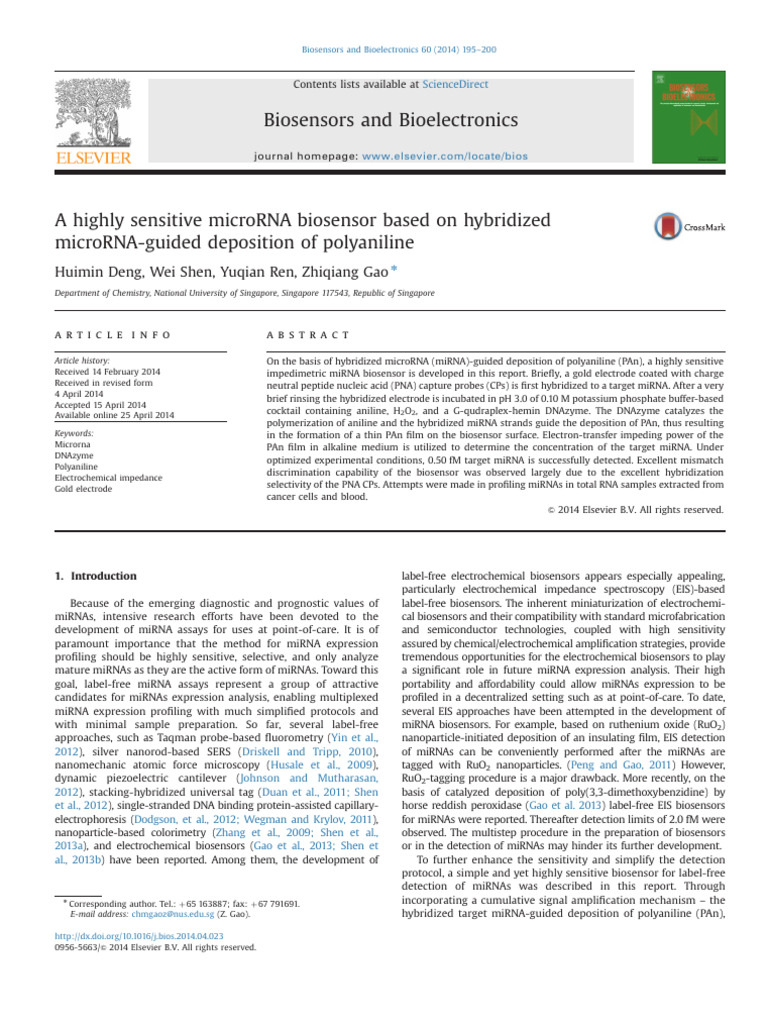 A Highly Sensitive microRNA Biosensor Based On Hybridized microRNA-guided Deposition of ...
