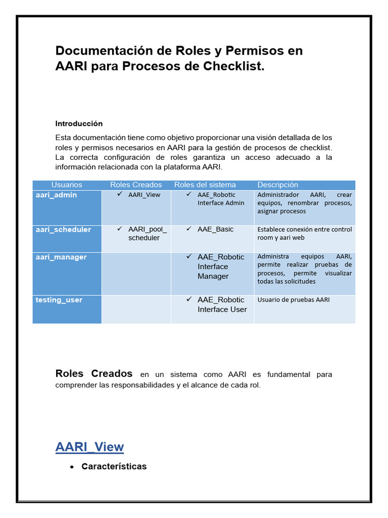 Documentación de Roles y Permisos en AARI para Procesos de Checklist | PDF | Internet Bot ...