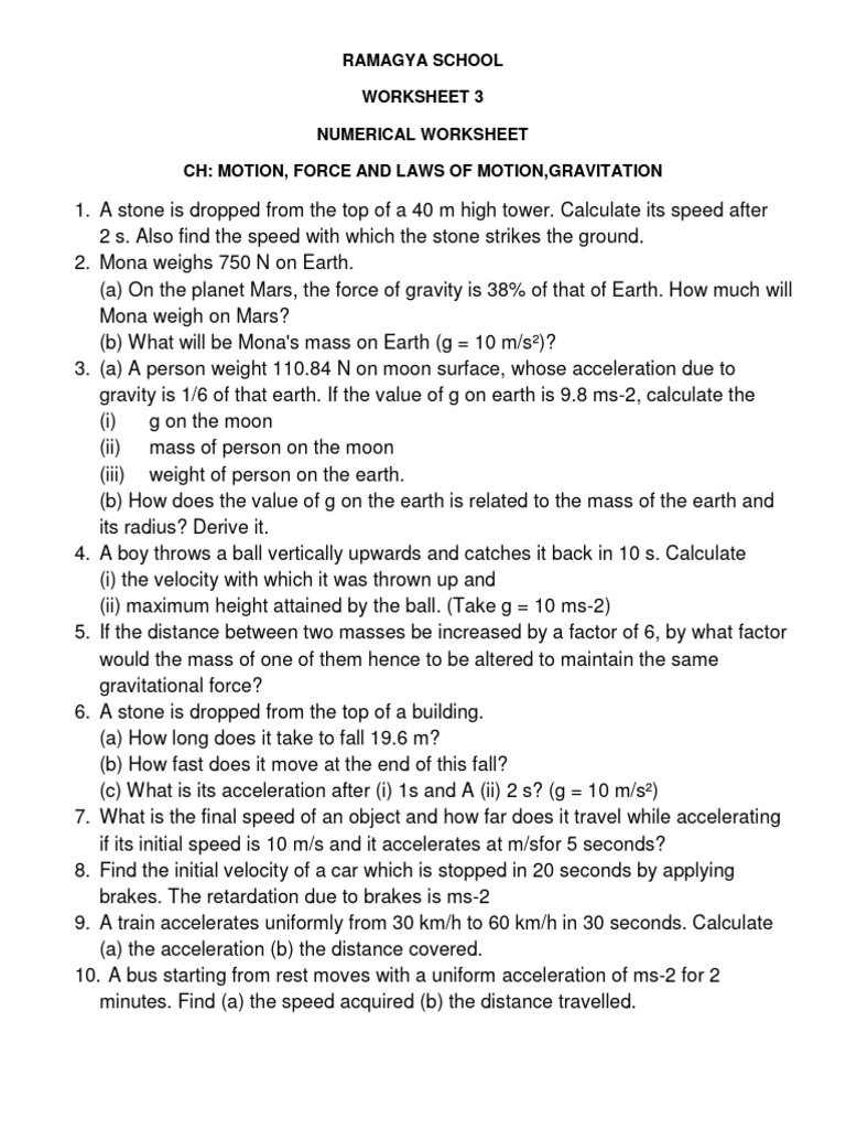 Physics Ix Online Worksheet 3 (Motion+laws of Motion+gravitation) | PDF ...