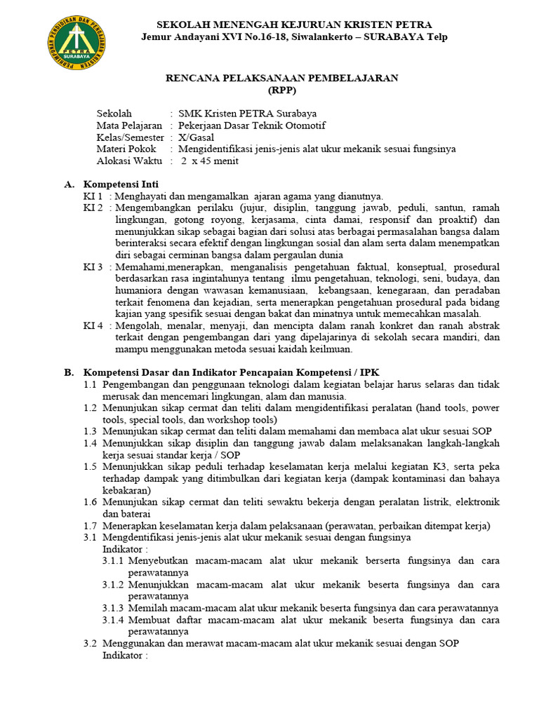 5 RPP Mengidentifikasi Jenis Alat Ukur Mekanik X TKR | PDF